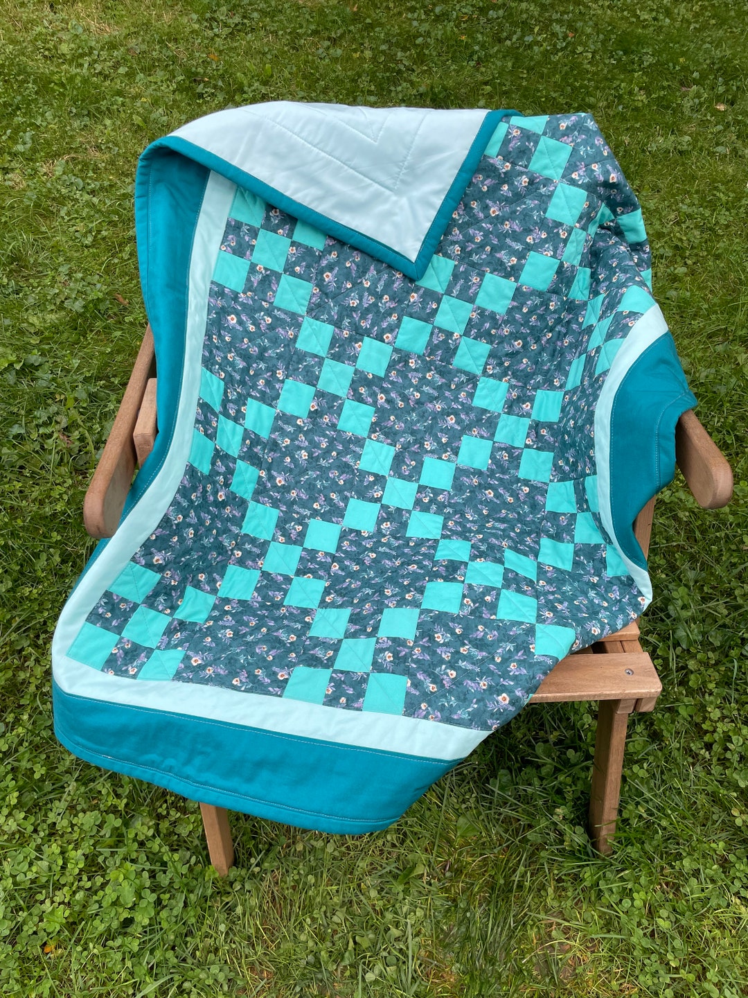 Handmade Crib Quilt for Sale, Baby Quilt, Teal and Green Fabrics ...