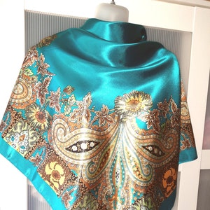 SILK SATIN SCARF Teal Green Blue Large Square Scarf Shoulder - Etsy