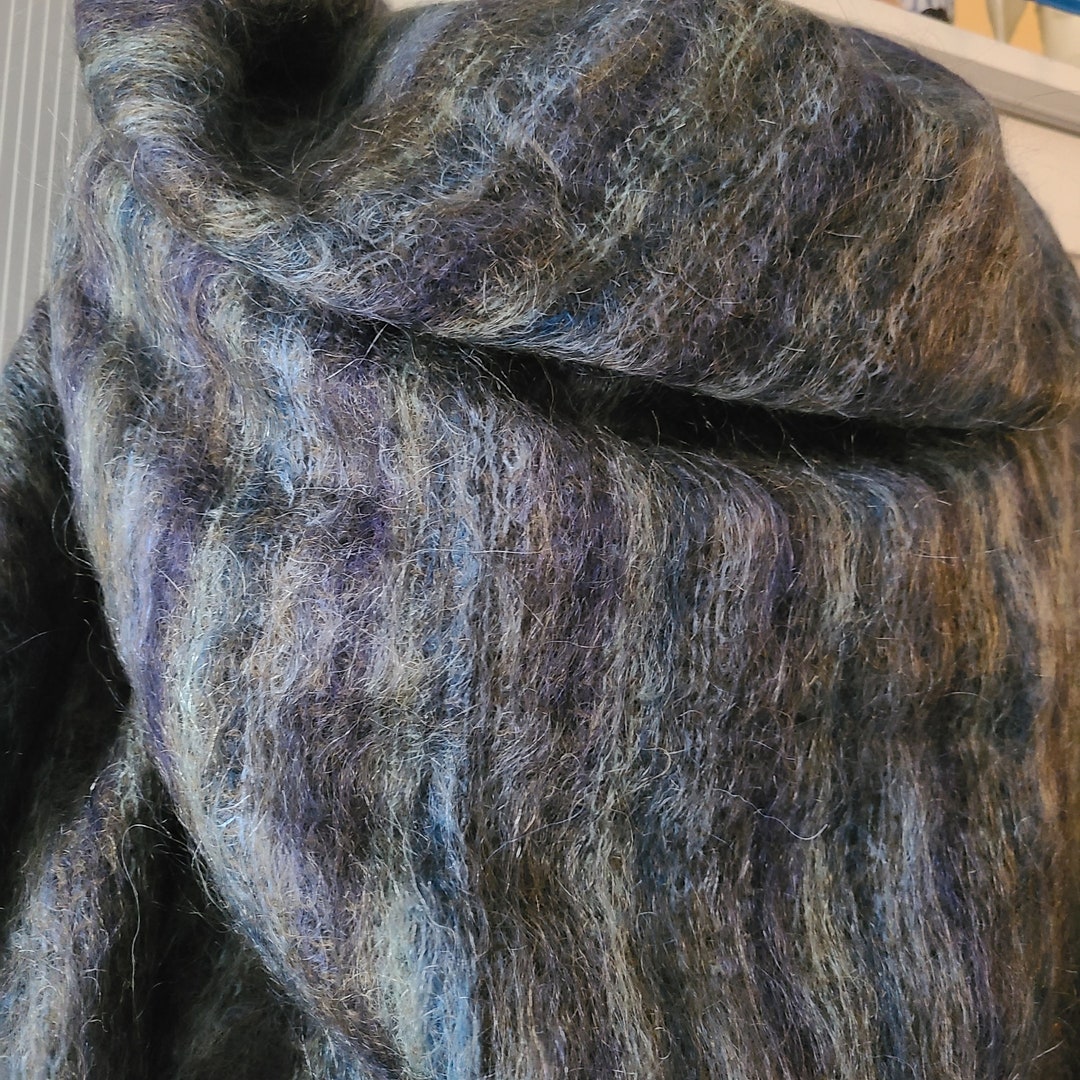 GREY WRAP Mohair Wool Throw Blanket Scarf Shawl Dark Green Blue Stripe ...
