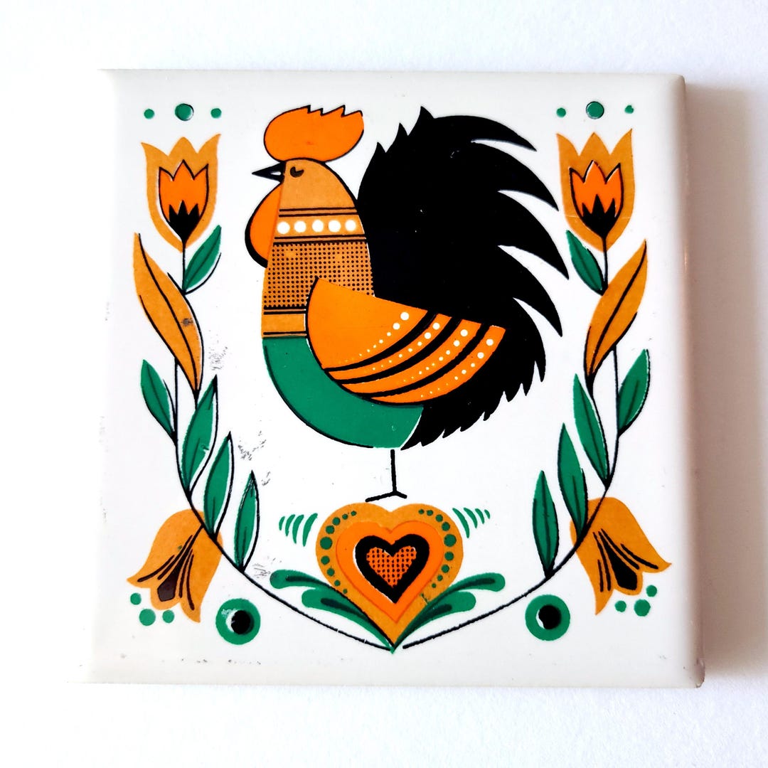 Folklore Rooster Ceramic Tile: Vintage Kitchen Decor, Floral Heart ...