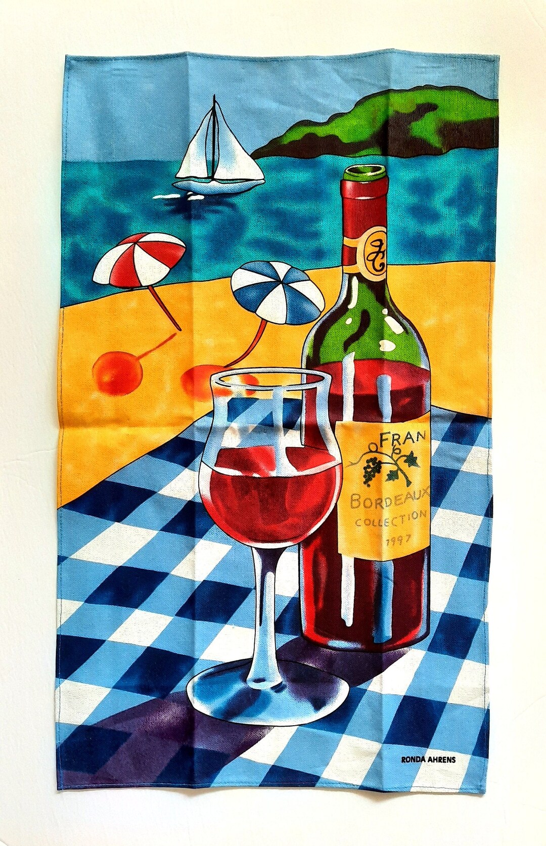 BLUE Checkered TEAL TOWEL: Red Wine Print, French Art Canvas Wall ...