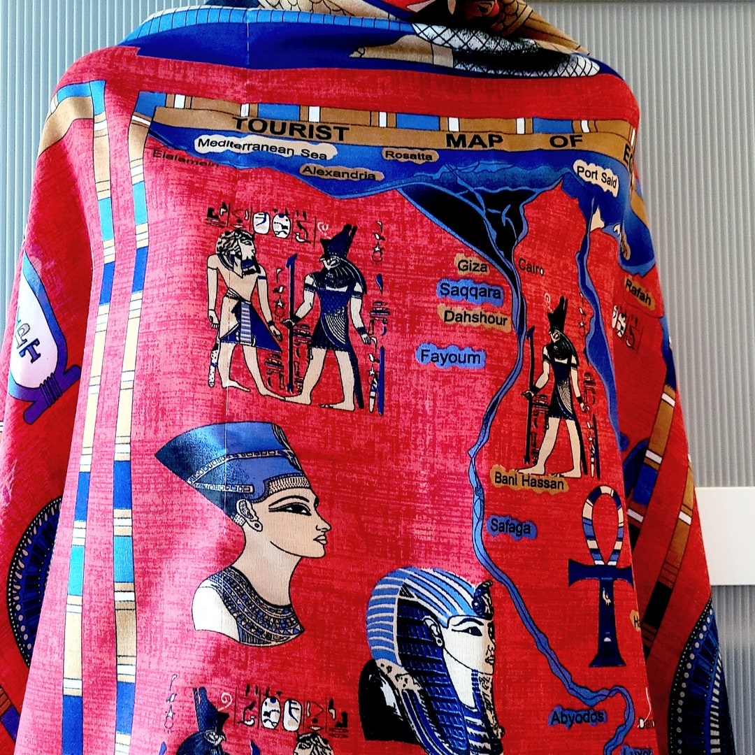 RED BLUE WRAP Egyptian Design Fabric Sarong Throw Scarf Shawl Ancient ...