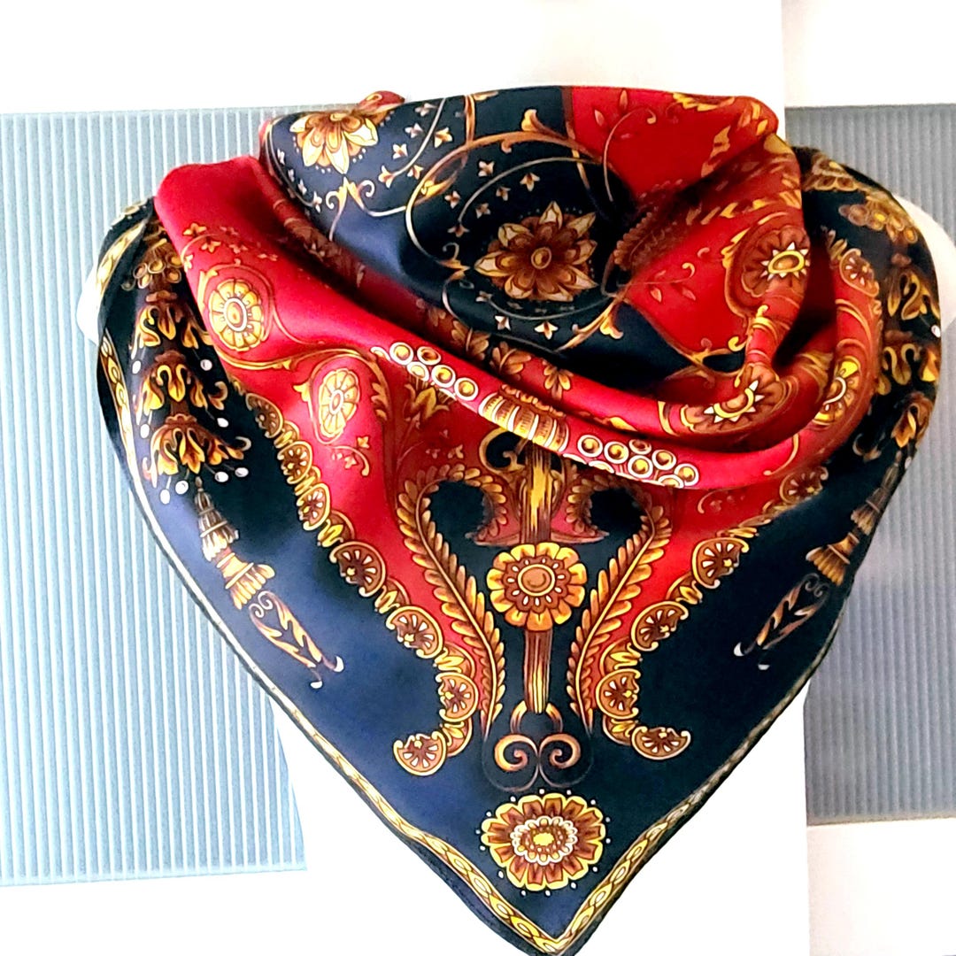 NAVY BLUE RED Scarf Yellow Gold Floral Design Equestrian Baroque ...