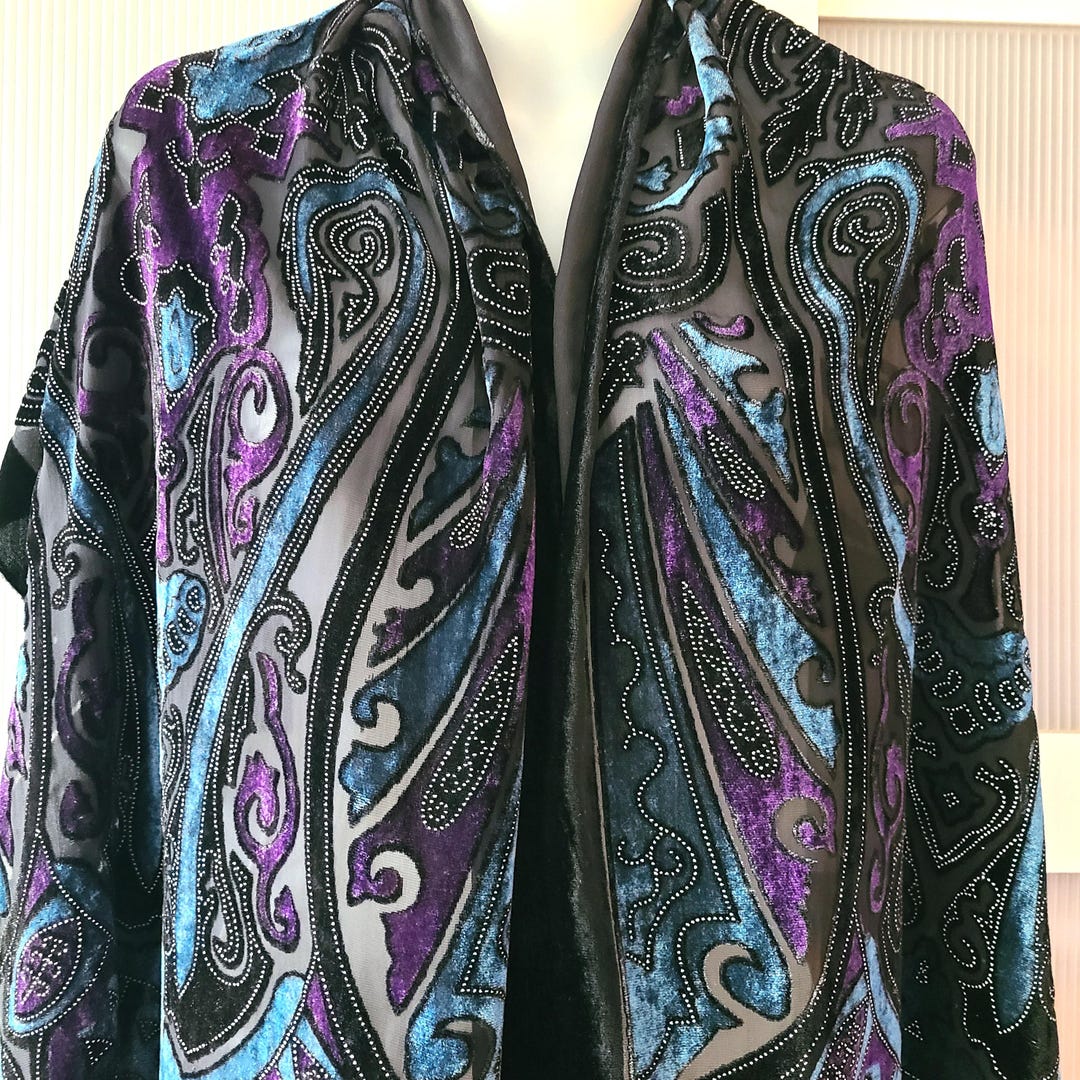 Retro 20s and 30s ART DECO Style Black Teal Purple Silk Chiffon SCARF ...