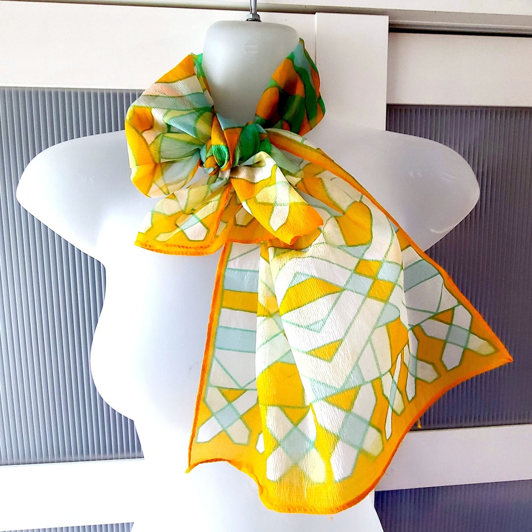 70s Fashion Organza Scarf Green Orange Scarf Geometric Design Short ...