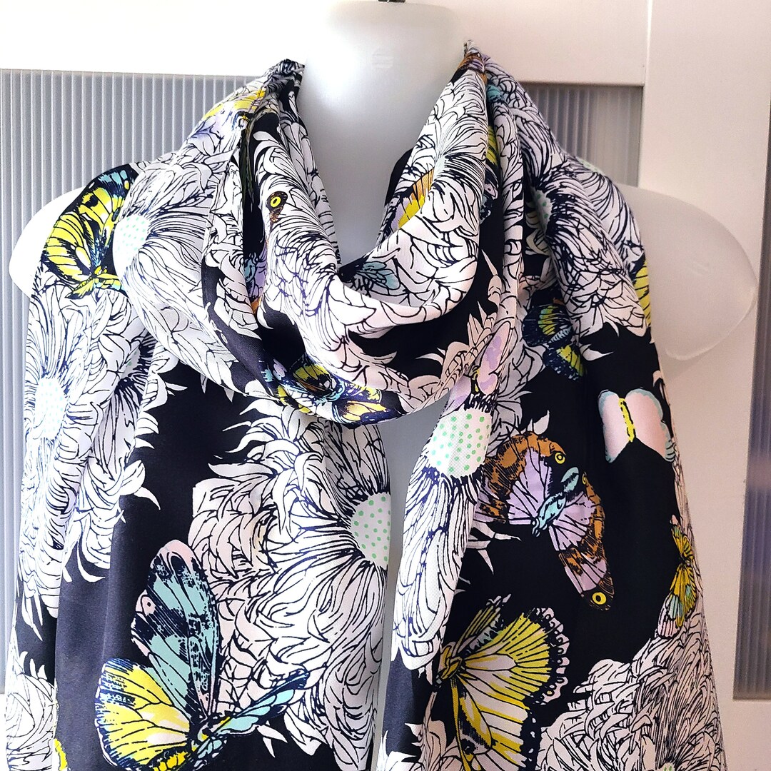 ECHO Silk SCARF BUTTERFLIES Print Shoulder Wrap Shawl Black White ...