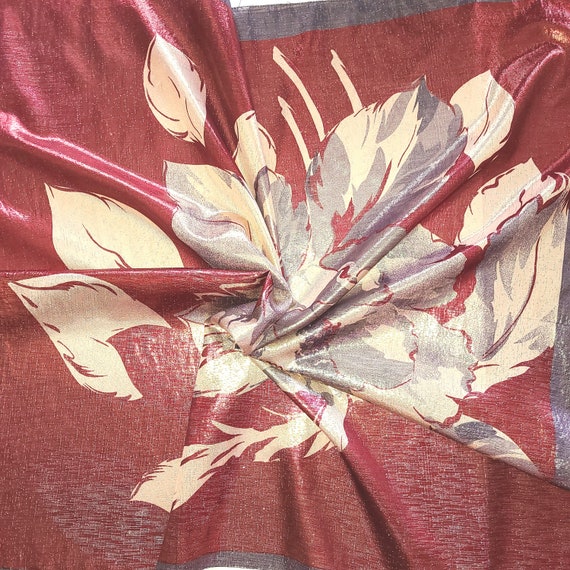 Burgundy Red Silver Scarf METALLIC Large Square Beig… - Gem