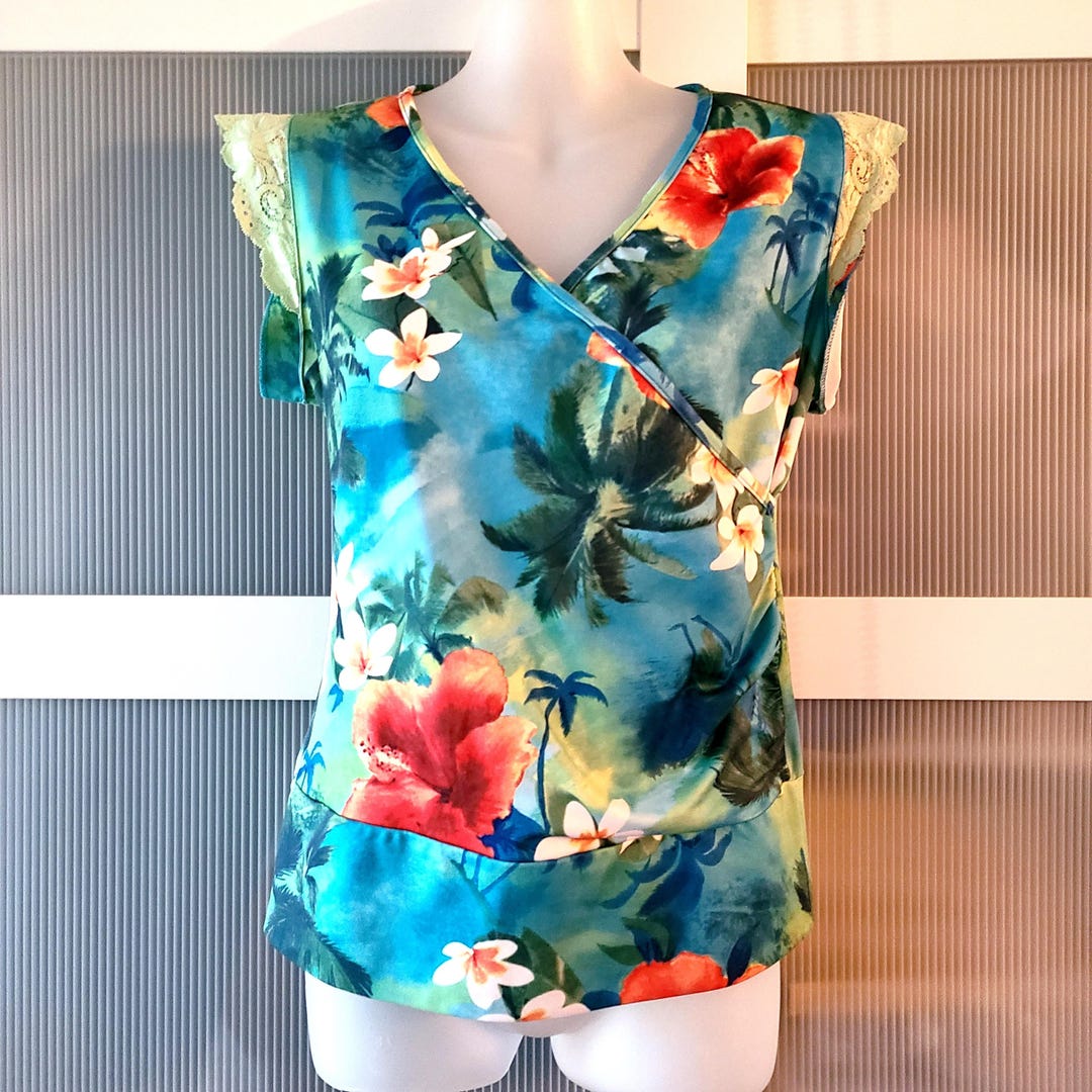 Teal Blouse: Blue Green Tropical Print, Laced Sleeves, V Neck, Floral ...