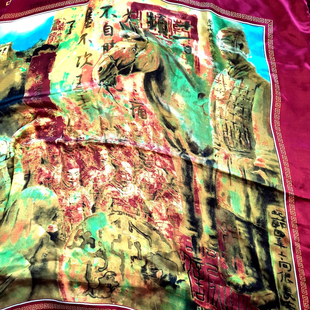 Rare TERRA COTTA WARRIORS Scarf and Horses Extra Large Square Silk ...
