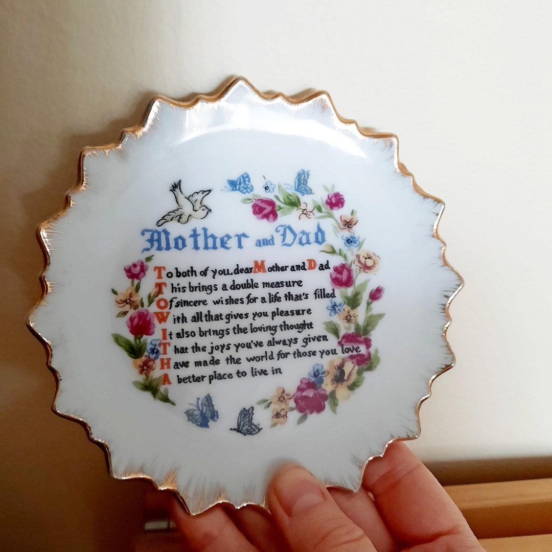 Vintage Mother and Dad Decorative Plate: Floral Poem, Gilded Rim - Etsy