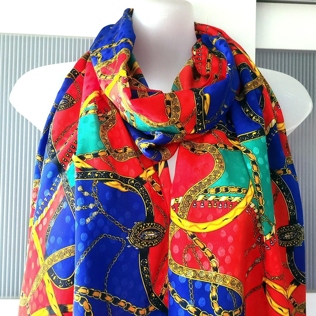 Equestrian Silk Scarf: Royal Blue, Red, Gold Chains & Tassels - Etsy