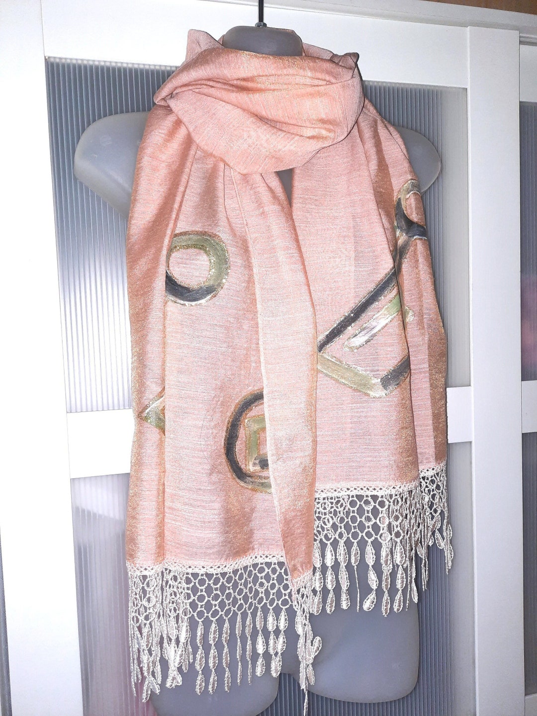 PEACH PINK Scarf Shawl Handpainted Male Female Signs Gold Green ...