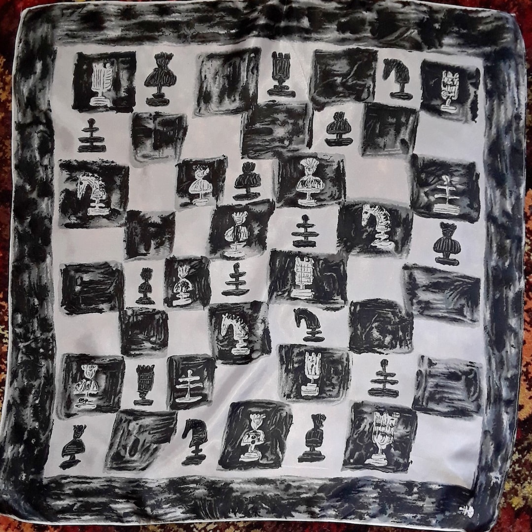 Chess Board Scarf Black and White Silk Square Scarf Figures Abstract ...