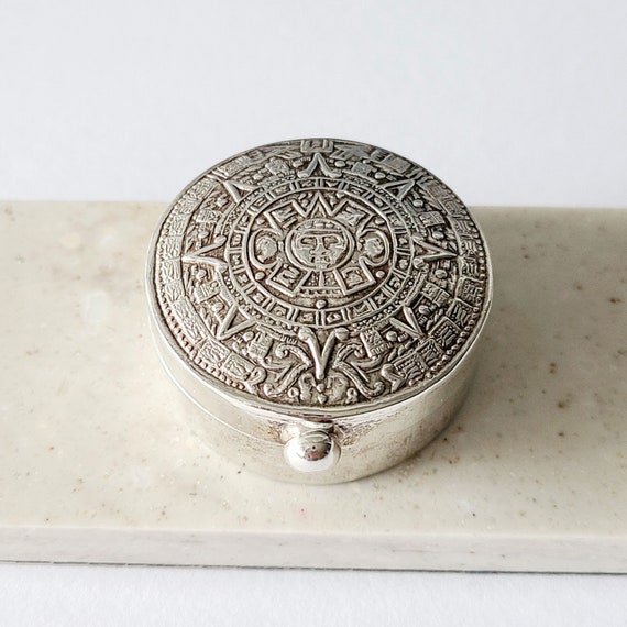 STERLING SILVER BOX Aztec Fertility Sun Calendar Design STERLING SILVER BOX Aztec Fertility Sun Calendar Design
