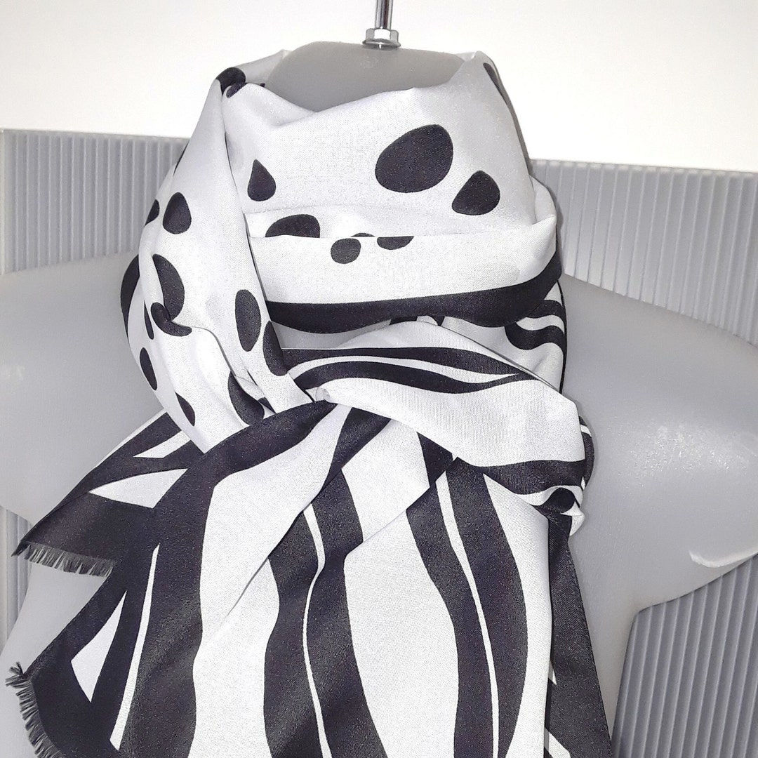 80s GIORDANI Scarf Black White Abstract Design Polka Dots Striped ...