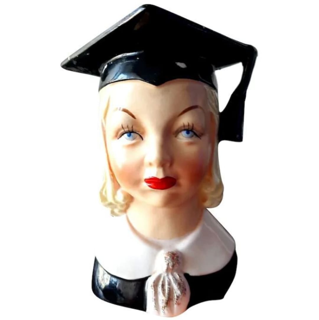 LADY HEAD VASE Shafford Graduation Girl Black Cap Gown Girl Blonde Hair ...