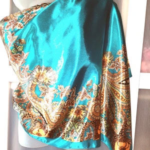 SILK SATIN SCARF Teal Green Blue Large Square Scarf Shoulder - Etsy