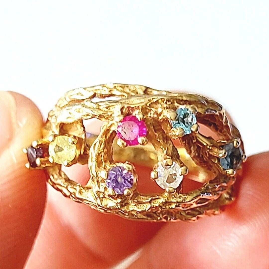MULTICOLORED Stone RING GOLD Multi-stone Cluster Ring Hoop Floral Ring ...