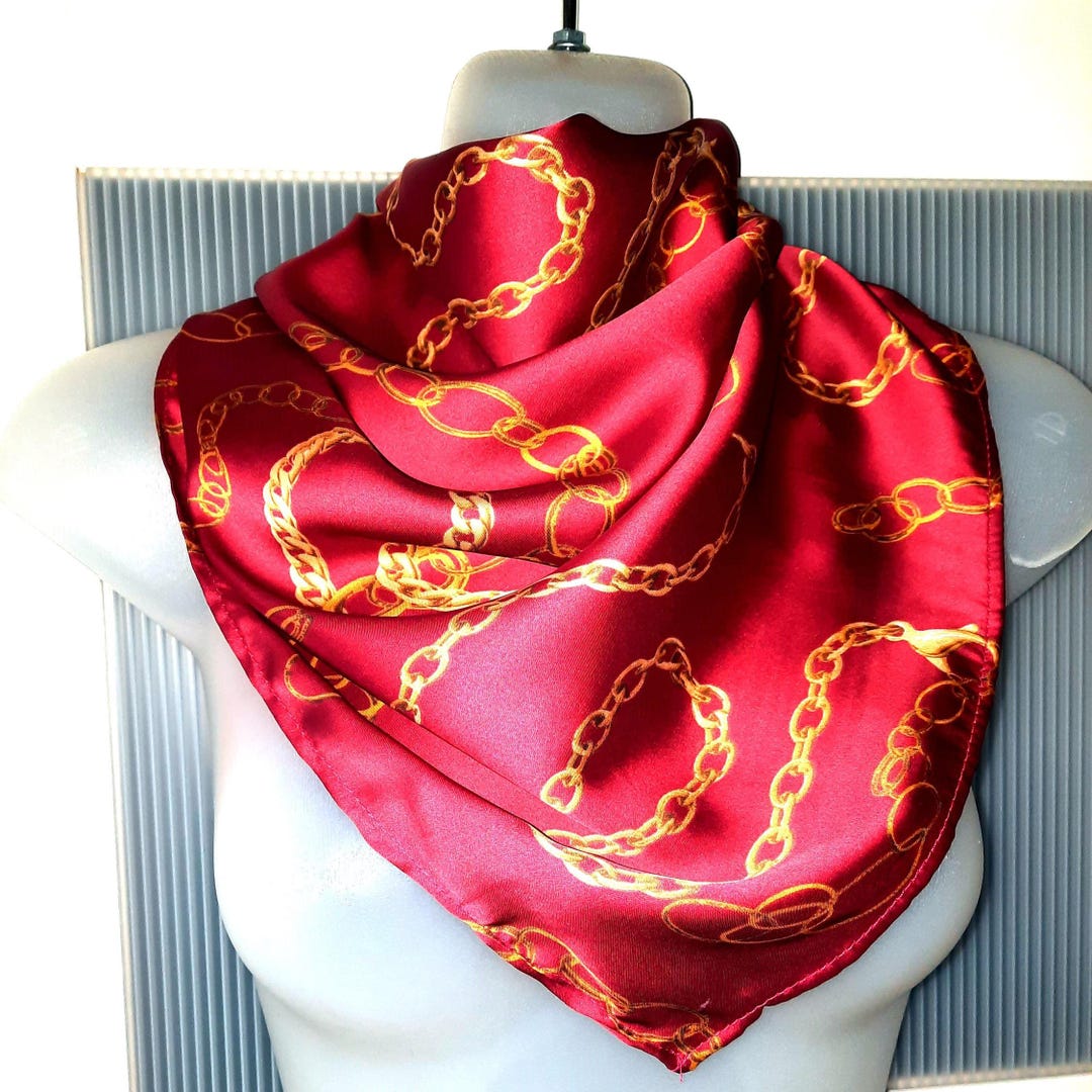 RED SCARF Gold Chains Design Neck Wrap Headband Hair Tie Bag Shirt ...