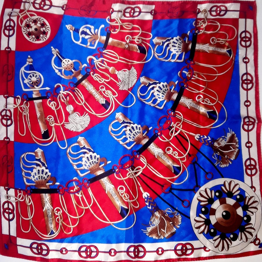 SILK SCARF Equestrian Design Swords of Infinity Red Blue Fonts of ...