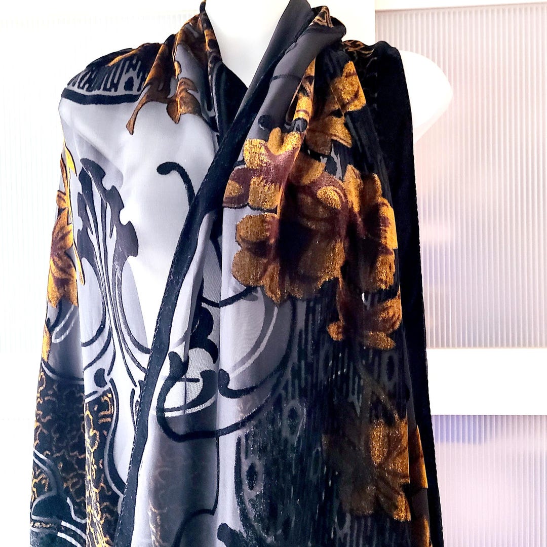 Retro 20s and 30s ART DECO Style Black Brown Silk Chiffon SCARF Burnout ...