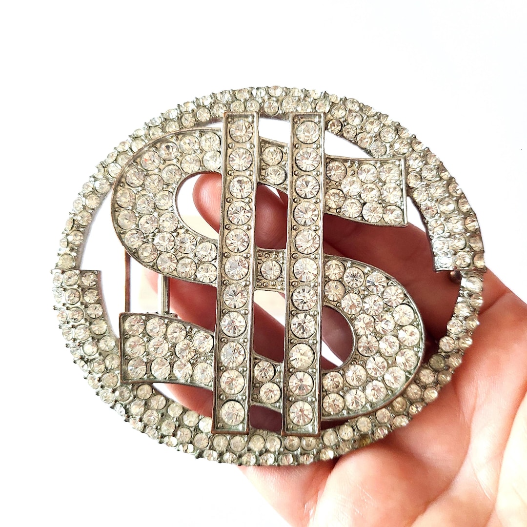 DOLLAR SIGN Belt Buckle Silver Diamond Rhinestones Costume Everyday ...