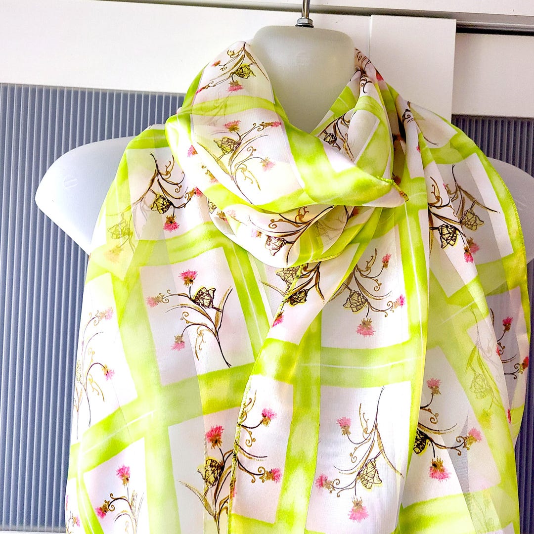LIME GREEN SCARF Silk Satin Korea Light Green Pink Flowers Checkered ...