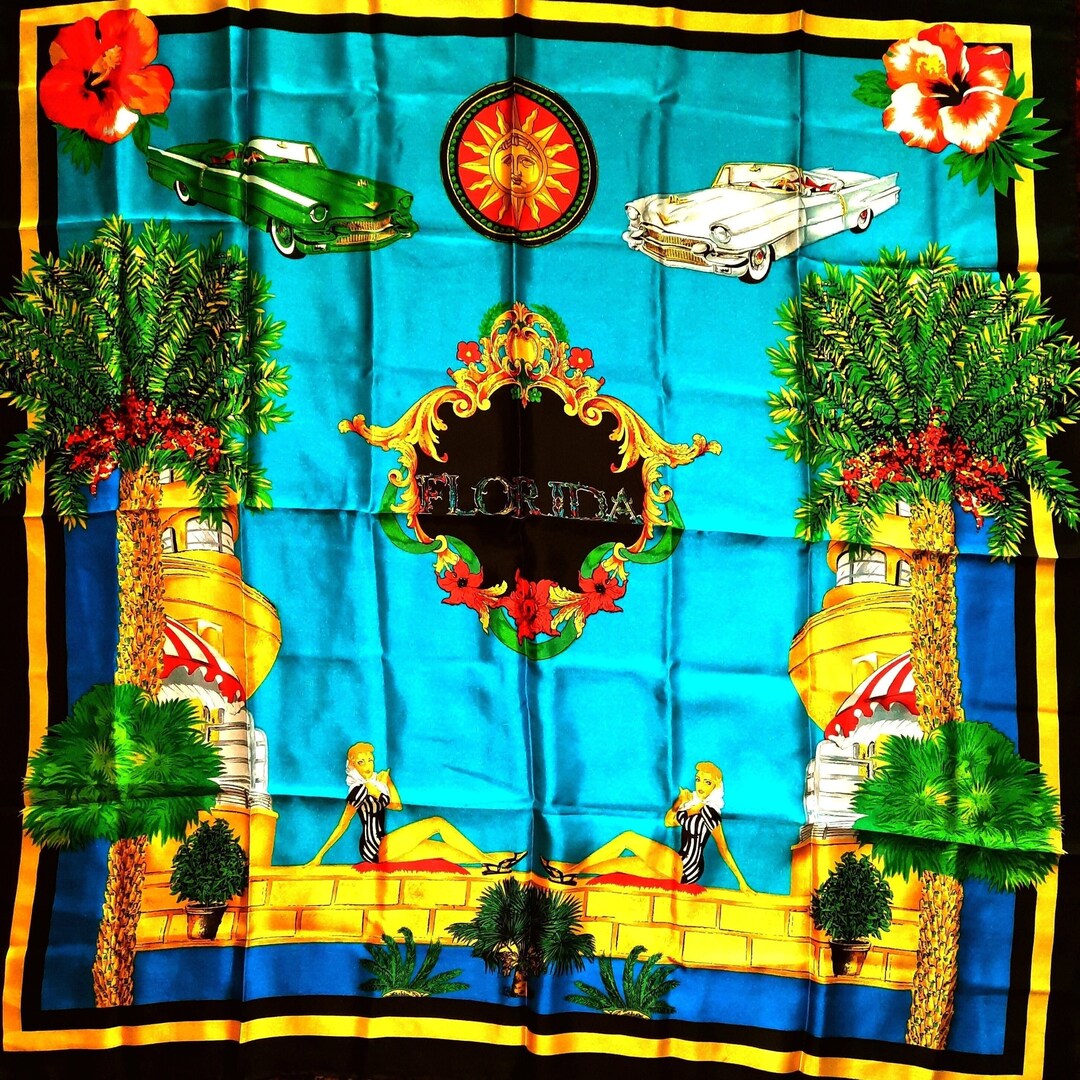 Teal Scarf Vintage 60s Silk Florida Cadillac Print Blue Yellow Orange ...