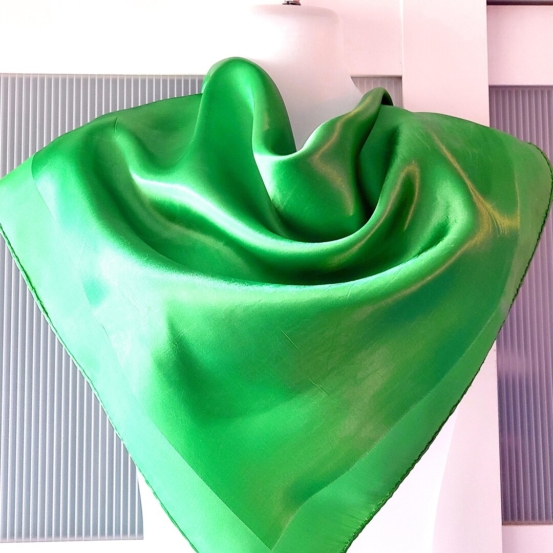 BRIGHT GREEN SCARF Japan Small Square Silk Satin Light Green Neon Green ...