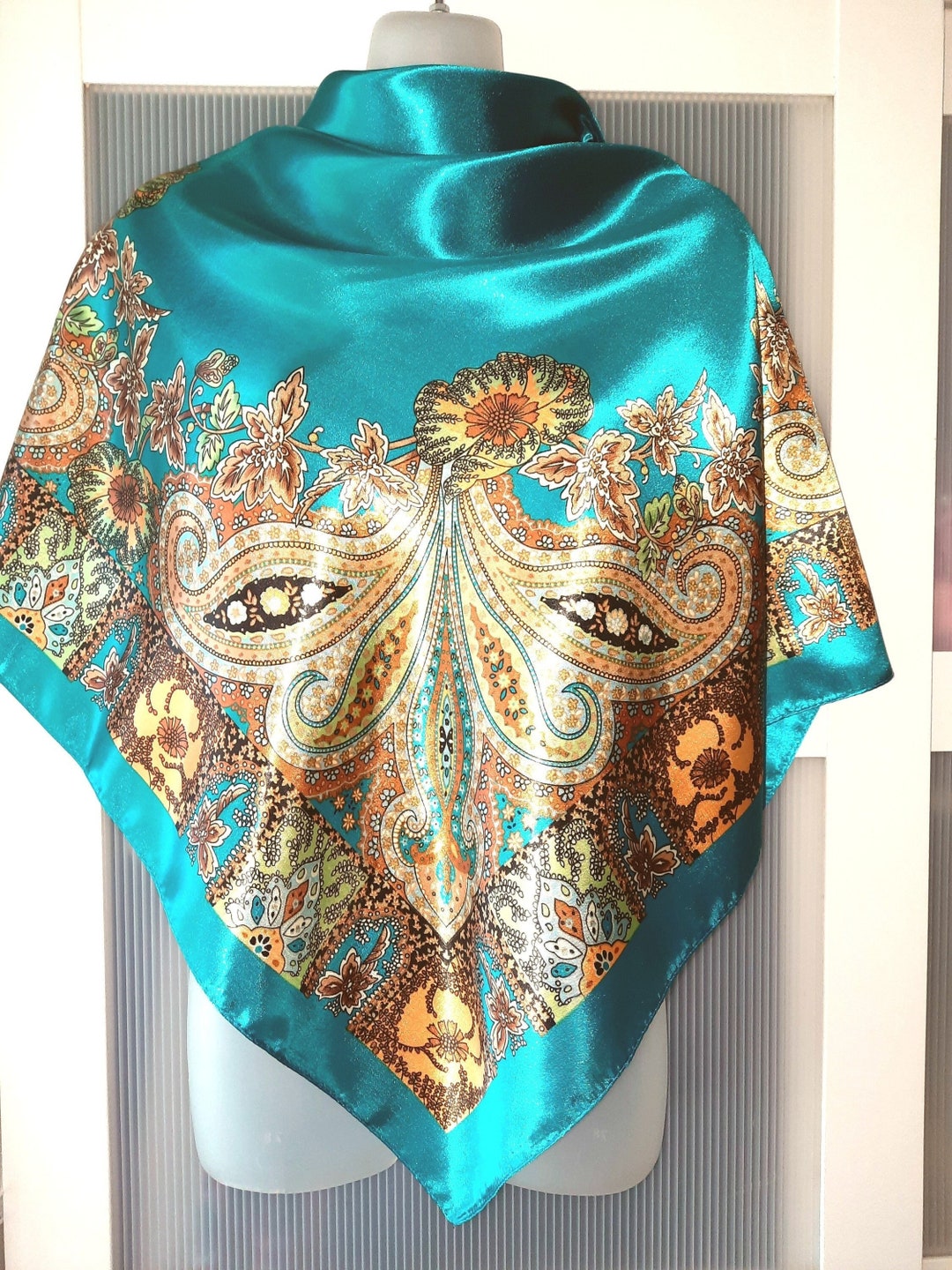 TEAL SCARF Blue Green SILK Satin Large Square Scarf Neck Wrap Turquoise ...
