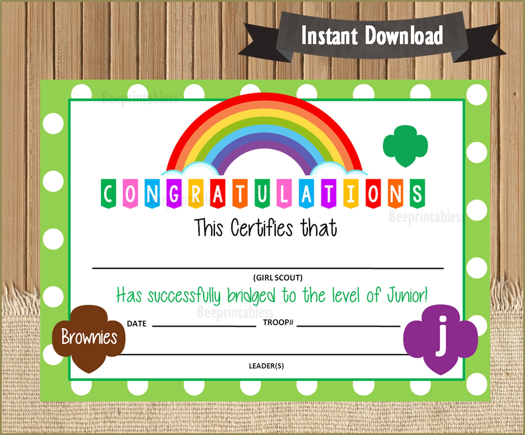 Brownie to Junior Girl Scout Bridging Certificate Girl Scout | Etsy