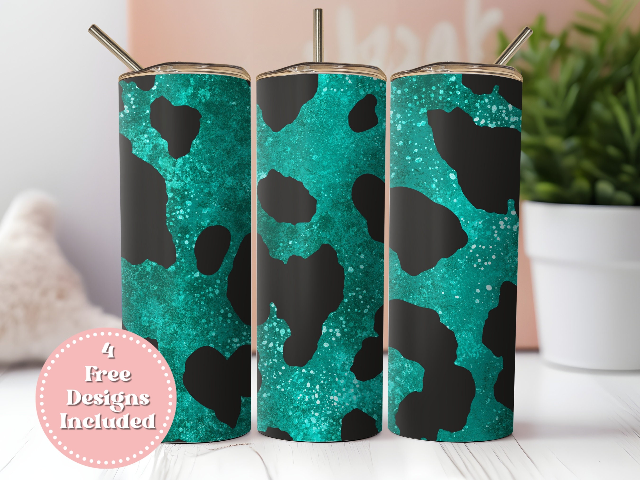 Teal Cow Print 20oz Sublimation Tumbler Design, Glitter Print, Straight ...