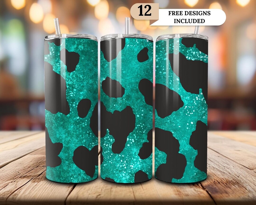 Teal Cow Print 20oz Sublimation Tumbler Design, Glitter Print, Straight ...