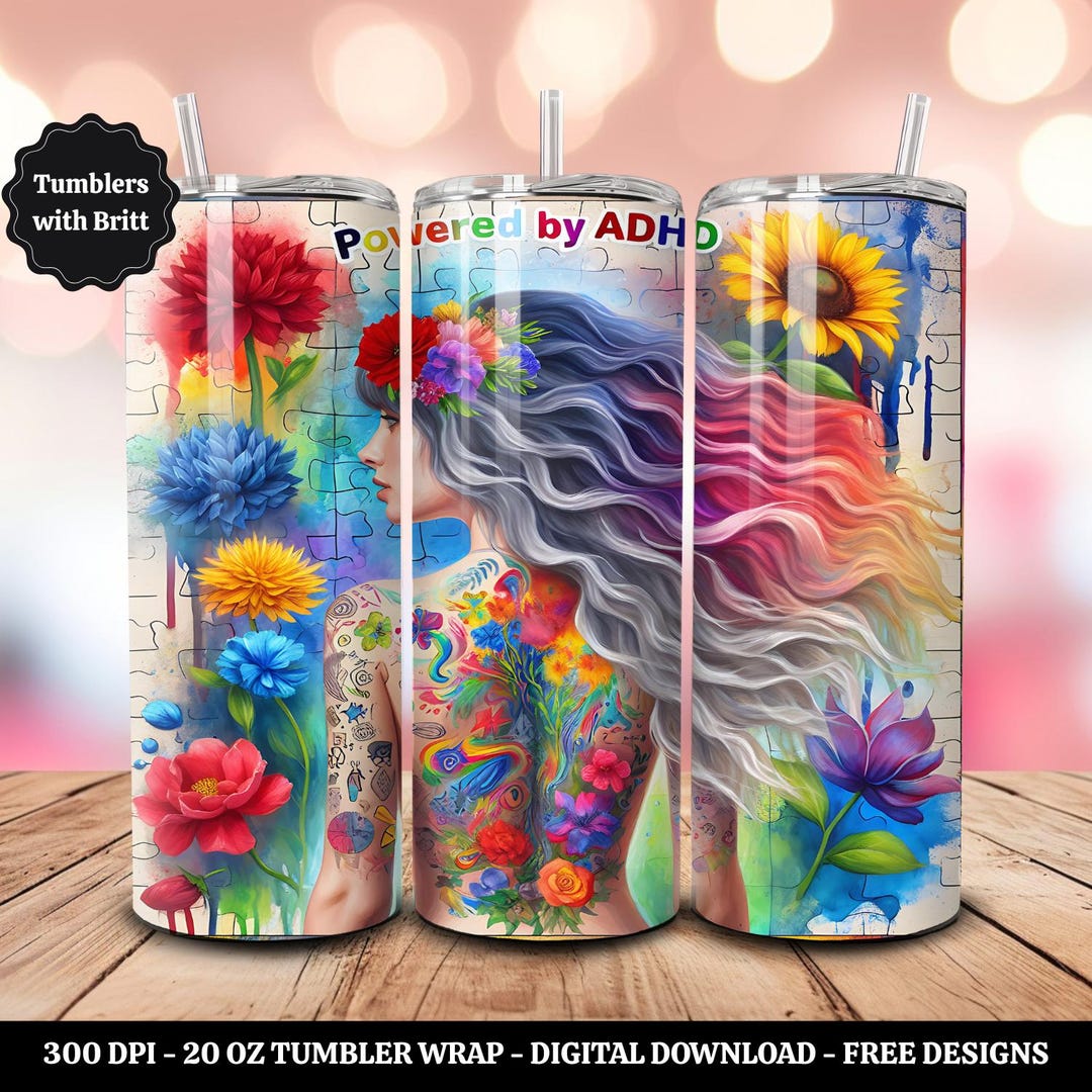 Powered by ADHD Awareness 20oz Skinny Tumbler Wrap Design ...