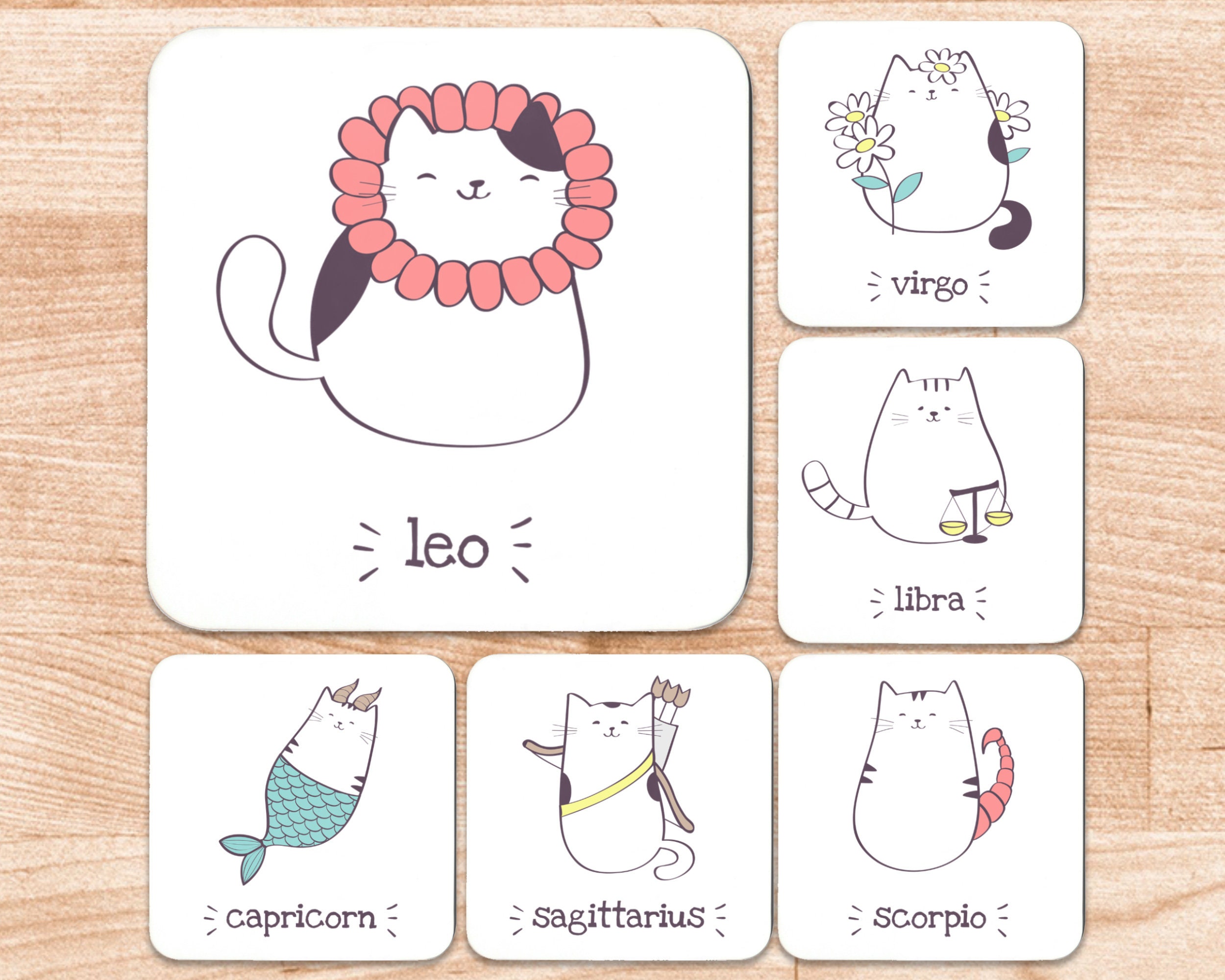 Cat Horoscope Signs Coaster Set of 6, Zodiac Cat Cute Coasters ...