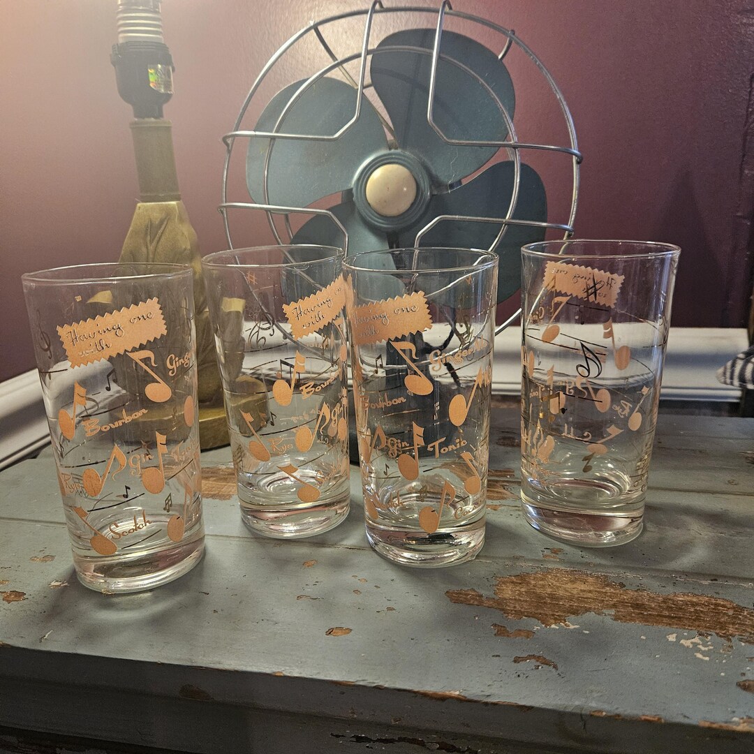 Vintage Mid Century Drinking Glasses Set of 4 Musical Notes and Liquor ...