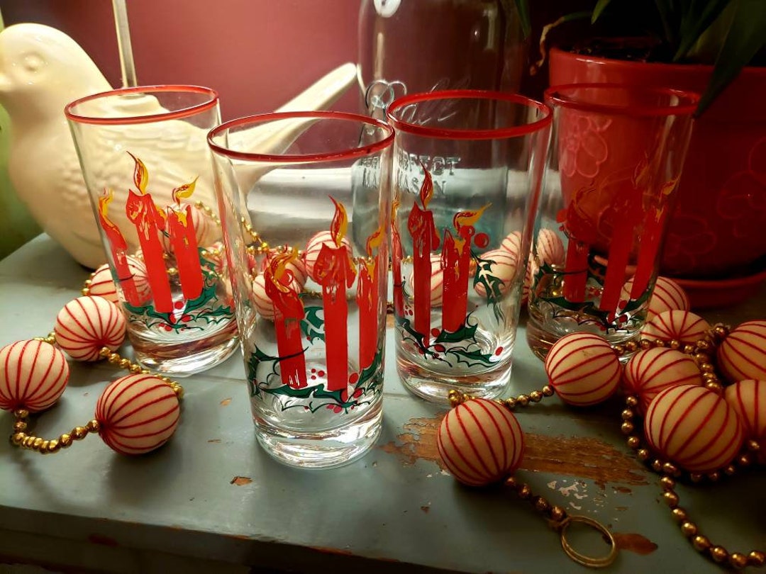 Vintage Federal Glass Set of 4 Christmas Candle Bright Red Rim Tumbler ...