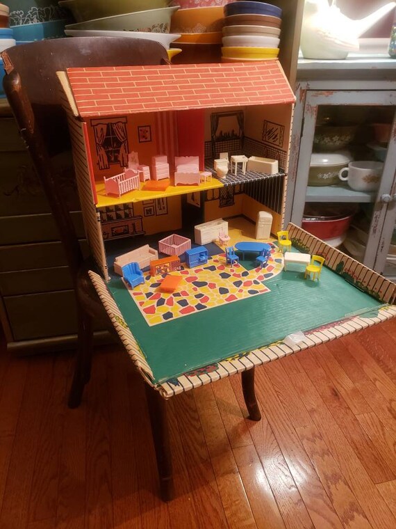 Vintage Louis Marx Cardboard Dollhouse With Plastic Furniture | Etsy