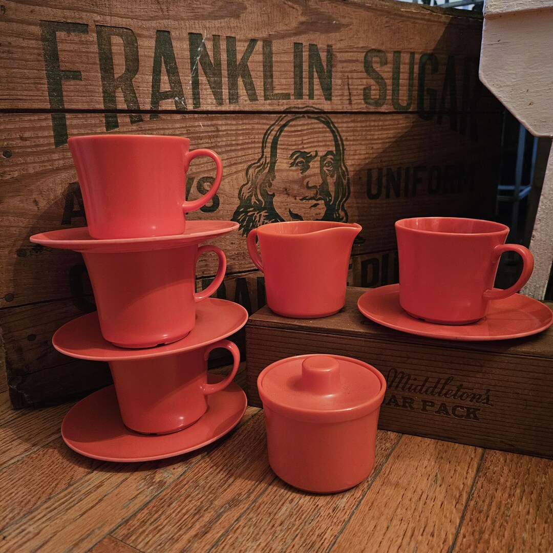Vintage Orange Laguna Melmac Los Angeles California Set 4 Cups With ...