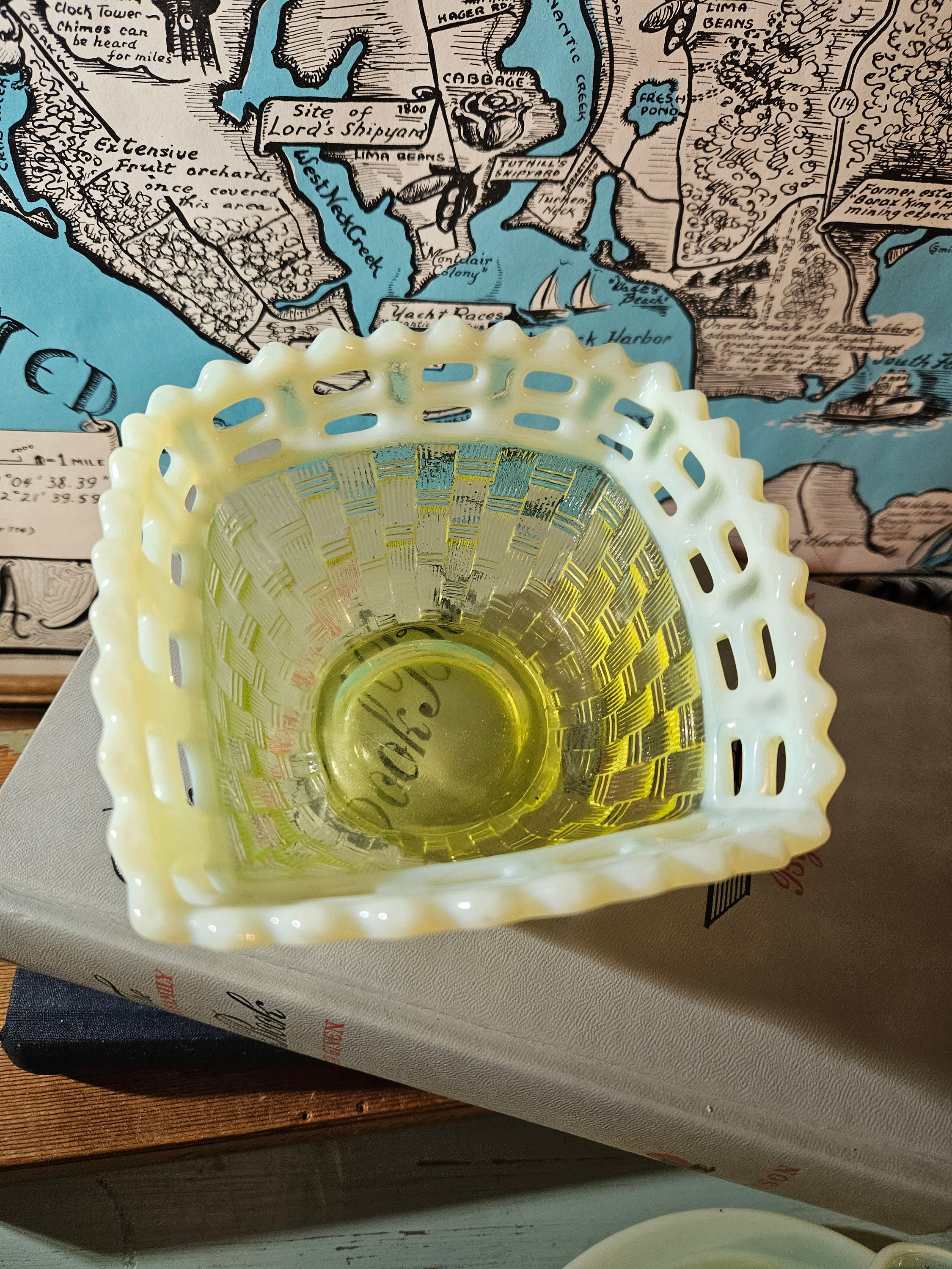 Vintage Fenton Yellow Vaseline Glass Weave Basket Candy Dish Etsy