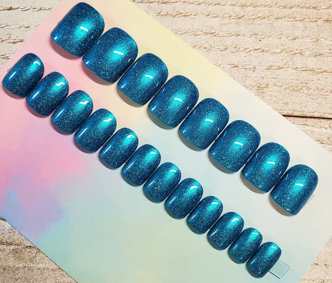 Aqua Blue Holographic Press on Nails. Fake|false|faux Nails, Short ...