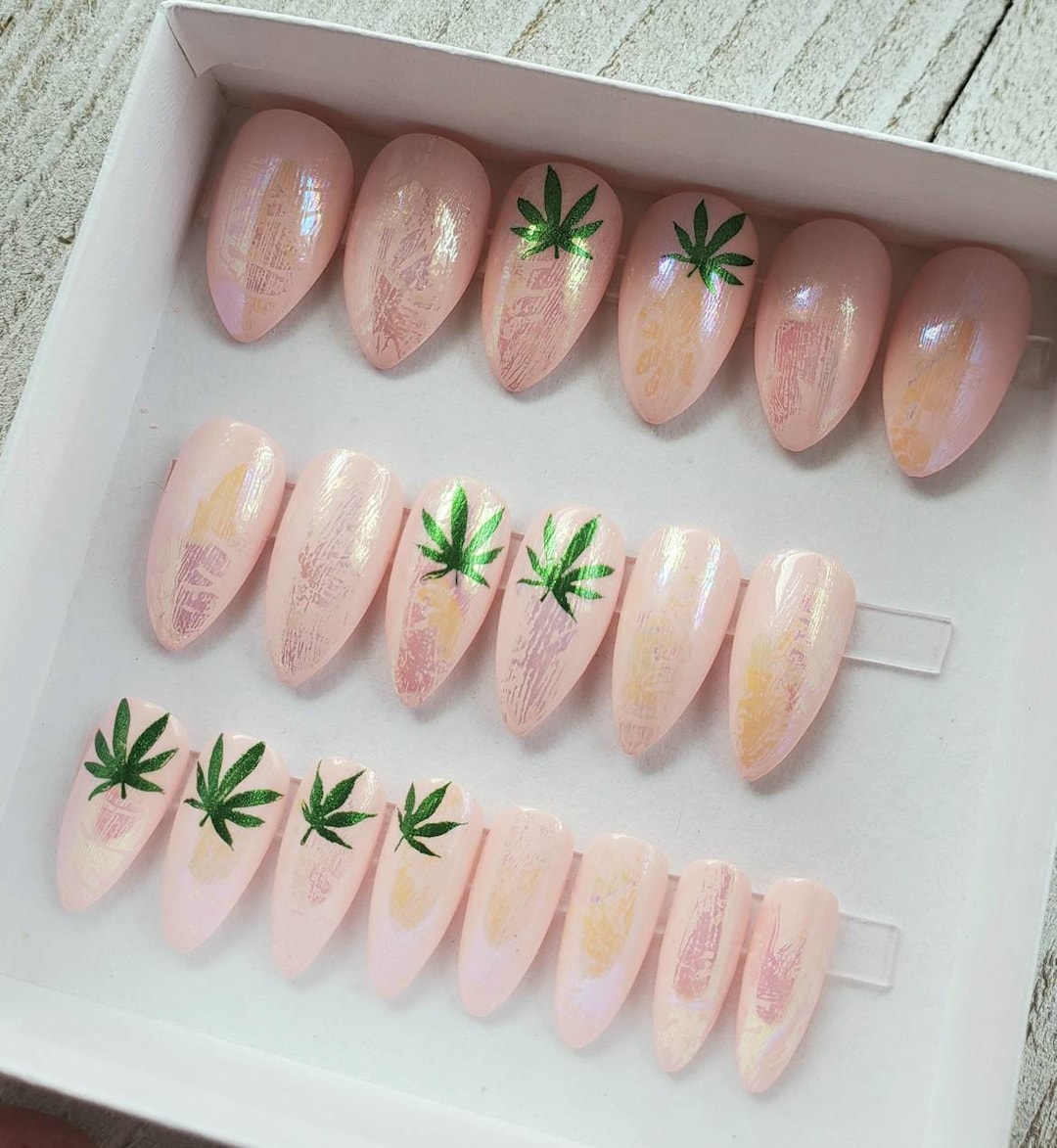 Full Set Cannabis Leaf Pink Fake Nails Handmade Press on Nails Weed ...