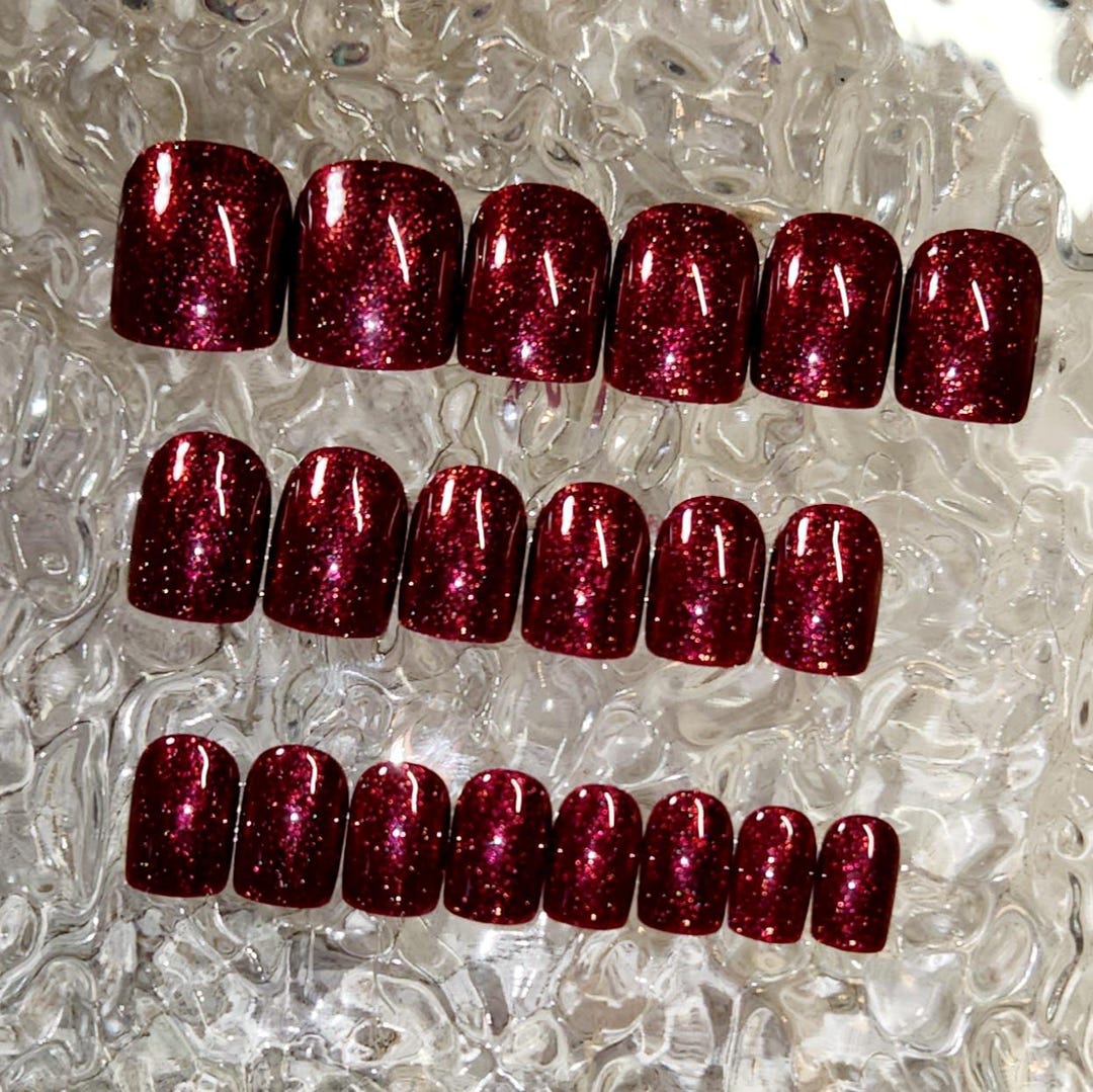 Full Set - Dark Cherry Red Sparkle Press on Nails • Handmade Reusable ...