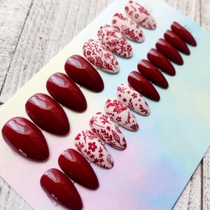 Deep Red Floral Designs Press on Nails. Fake|false|faux Nails. Red Boho ...