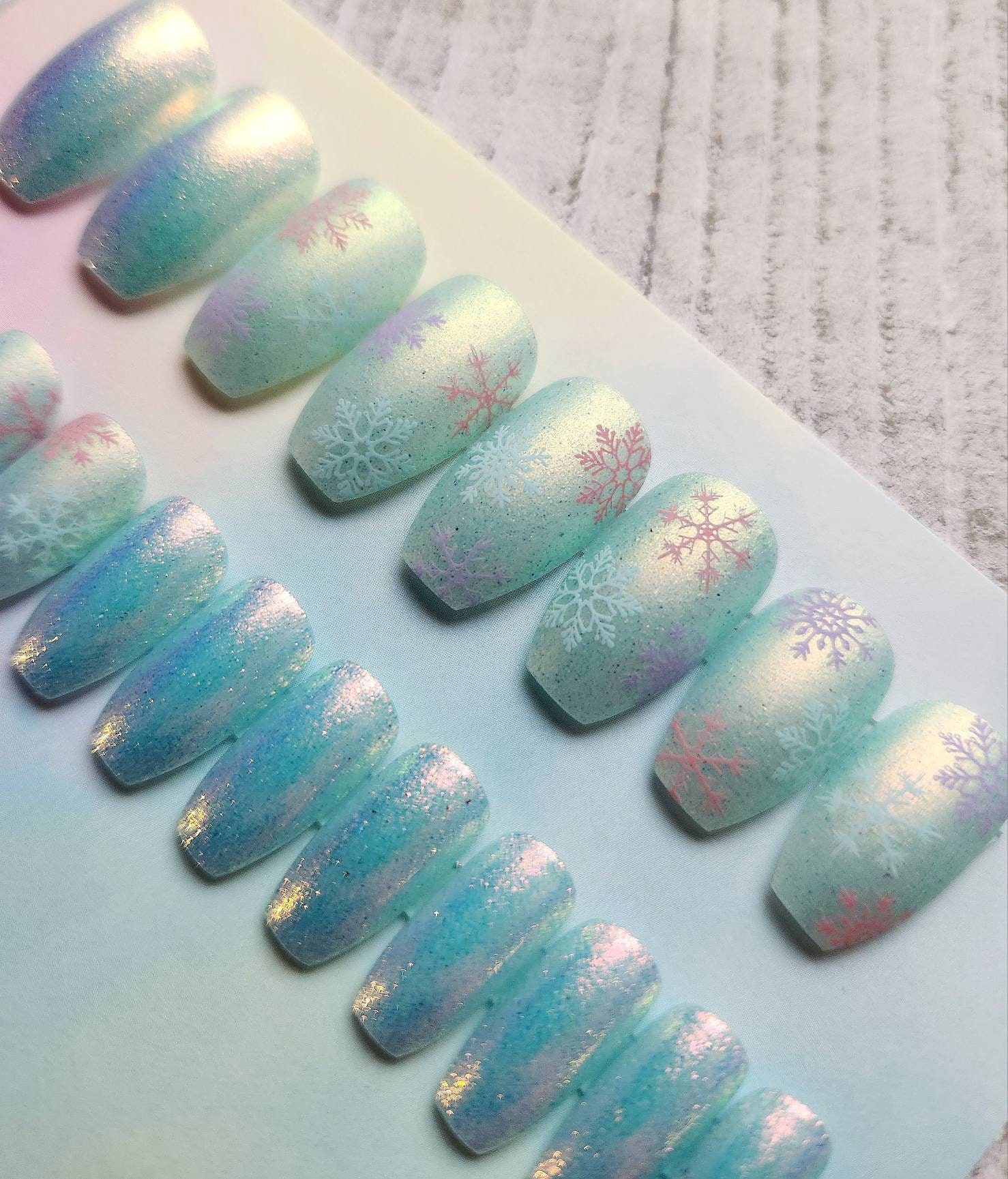 Full Set - Pastel Icy Blue With Rainbow Snow Flakes Nails • Press Ons ...