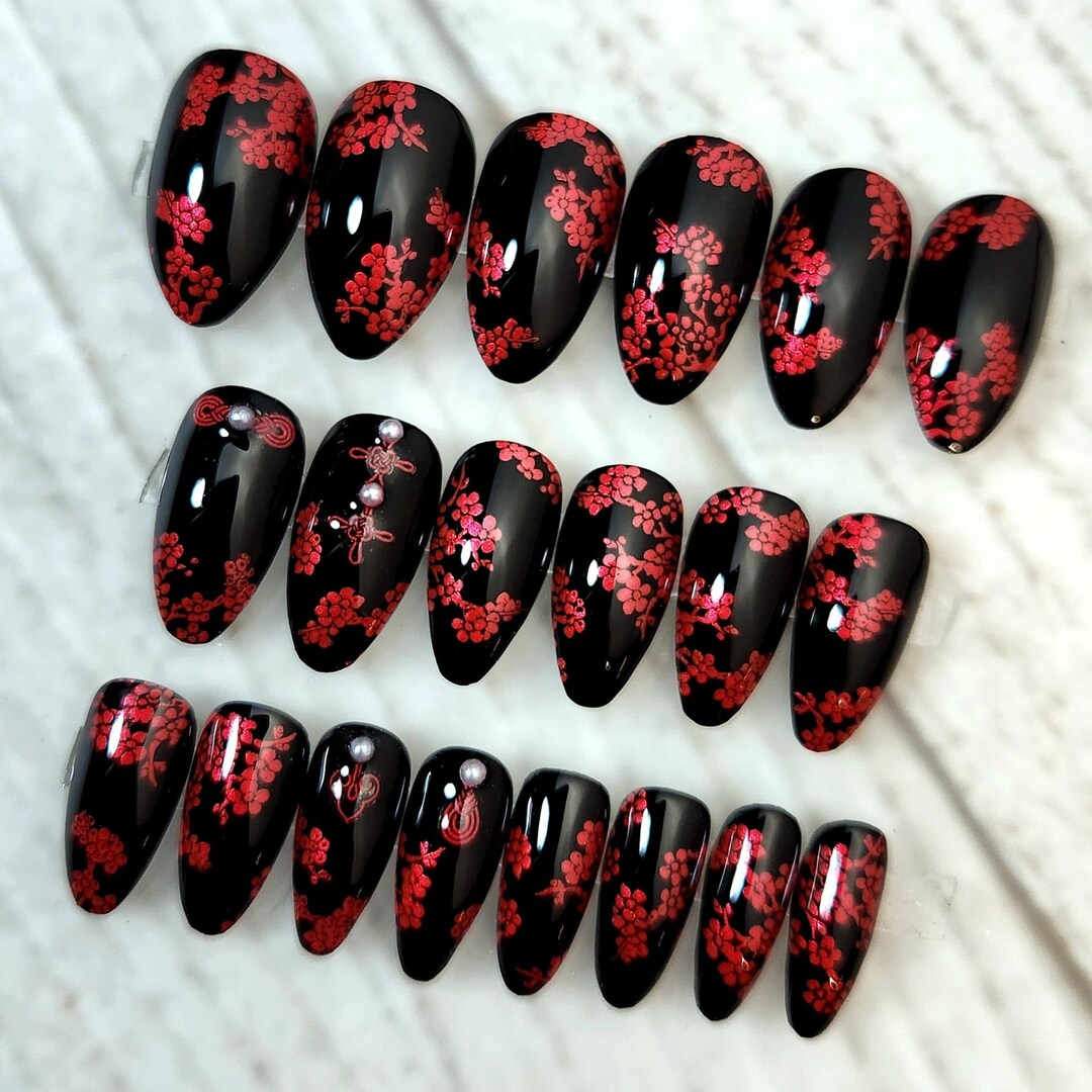 Full Set - Chinese Floral Qipao Inspired Press on Nails • Fake, False ...