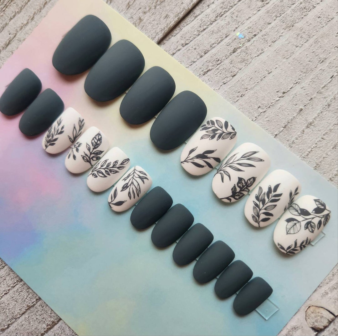 Dark Gray Press on Nails With Gray Leaves. Fake Nails, False Nails ...