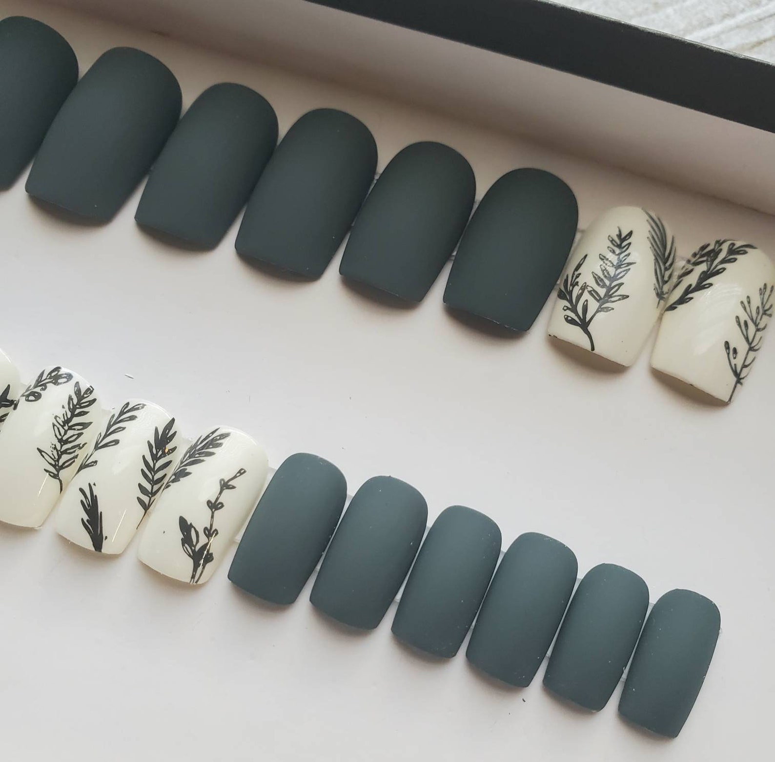 Dark Gray Press on Nails With Gray Leaves. Fake Nails False - Etsy