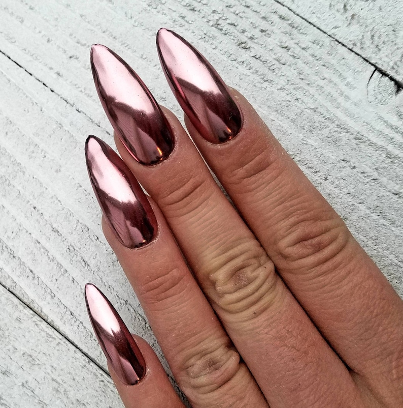 Rose Pink Chrome Nails Glossy Finish. Fake Nails Press on - Etsy