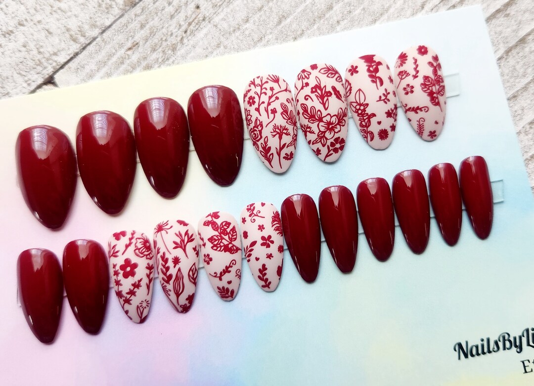 Deep Red Floral Designs Press on Nails. Fake|false|faux Nails. Red Boho ...